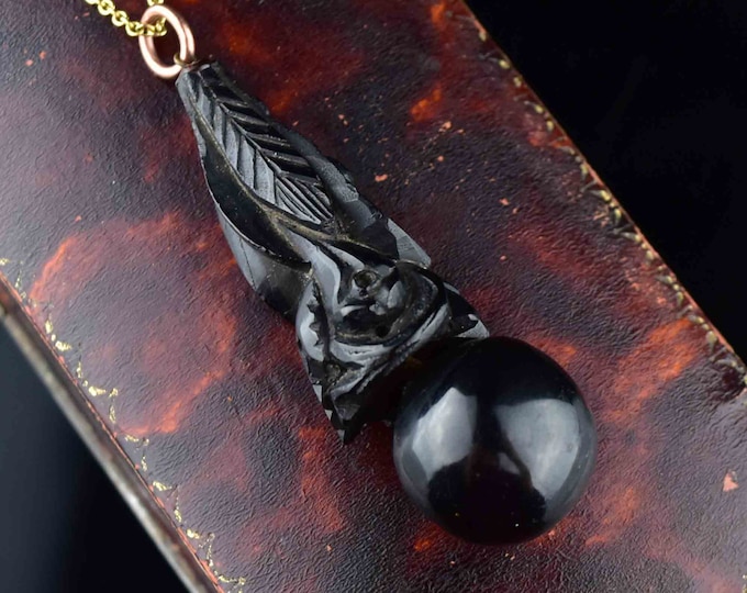 Victorian Carved Whitby Jet Pendant, Carved Rose and Leaf Black Stone ...