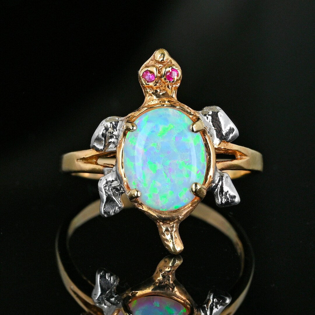 Vintage 14K Gold Turtle Ruby Opal Ring, Two Tone Gold Turtle Ring, Opal ...