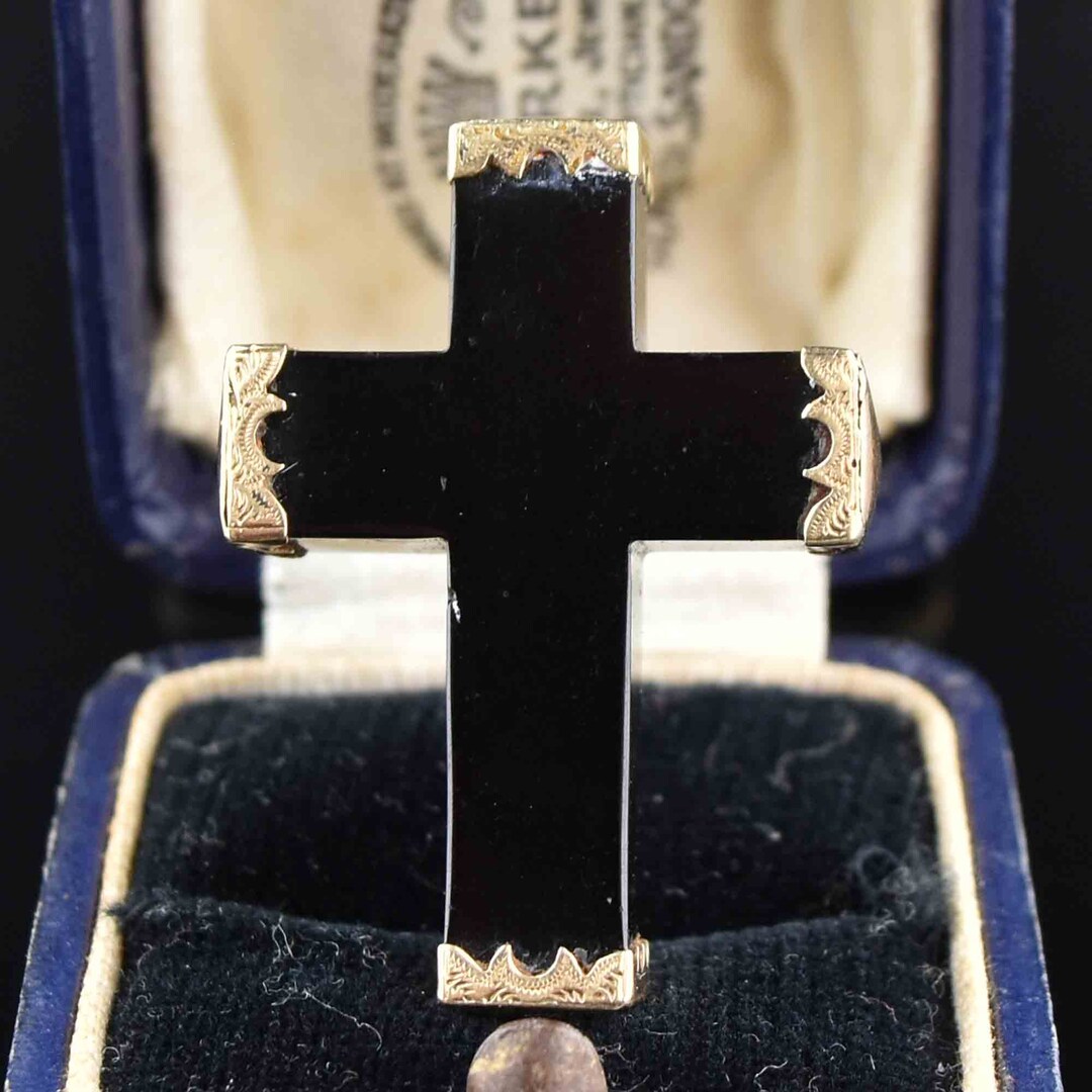 Victorian Whitby Jet Brooch, 10K Gold Whitby Jet Cross Pin, Victorian ...