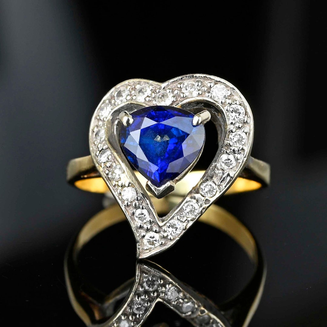 Vintage 14K Gold Diamond Sapphire Heart Ring, Witches Heart 14K Ring ...