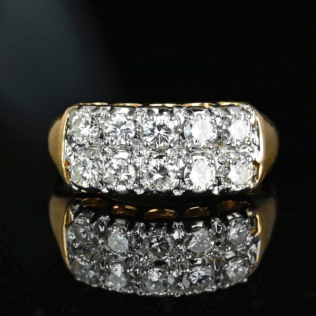 Wide Two Row Diamond Ring, 14k Gold .80 CT Diamond Cluster Ring Band ...