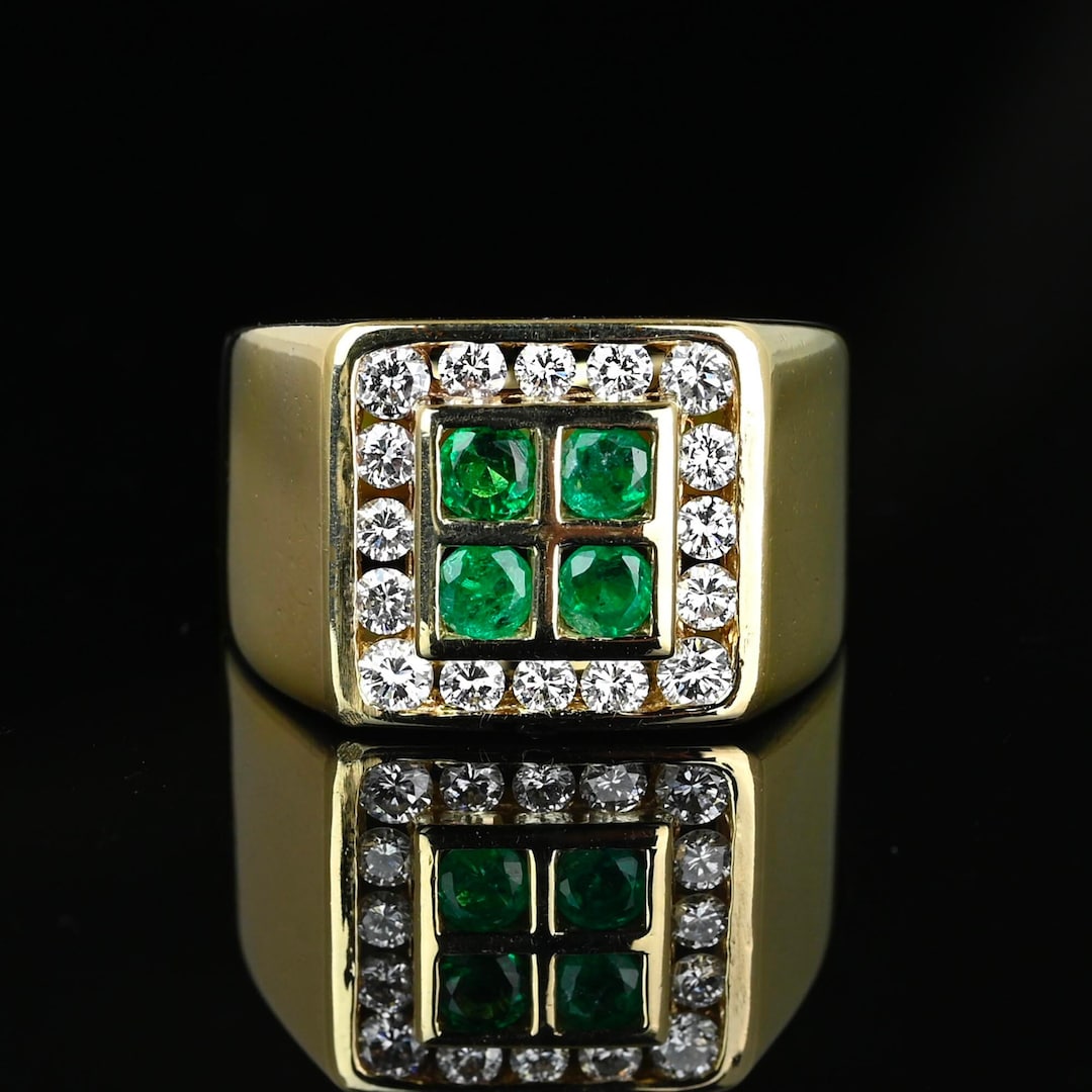 Diamond Emerald Signet Ring, 14K Gold Natural Emerald .50 CTW Diamond ...
