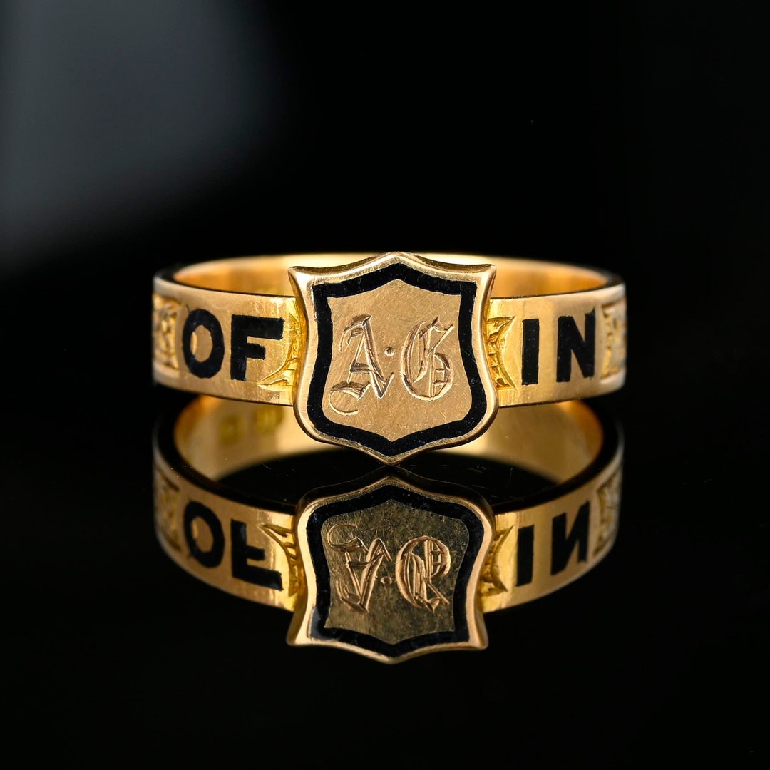 Antique in Memory of Mourning Ring, 16K Gold Black Enamel Shield Ring ...