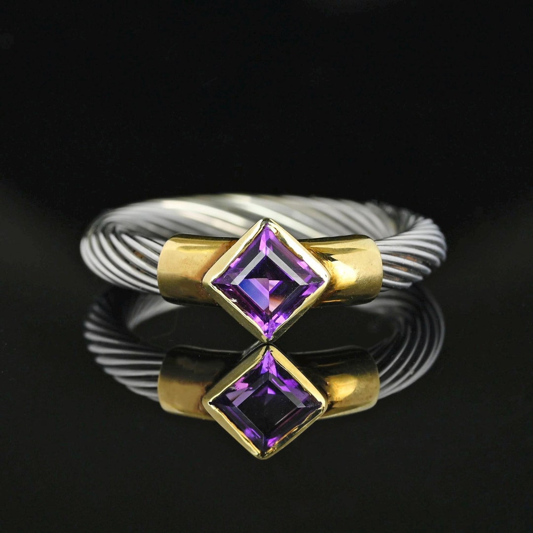 Modernist Amethyst Ring Band, 14K Gold Twisted Silver Amethyst ...