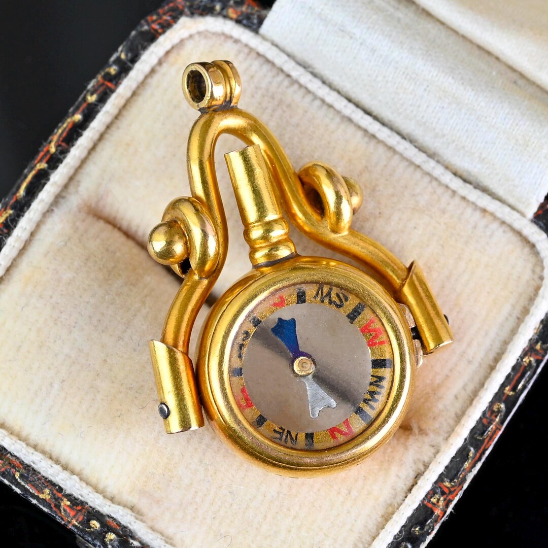 Victorian 18K Gold Compass Pendant, Antique Swivel Pocket Watch Key Fob ...