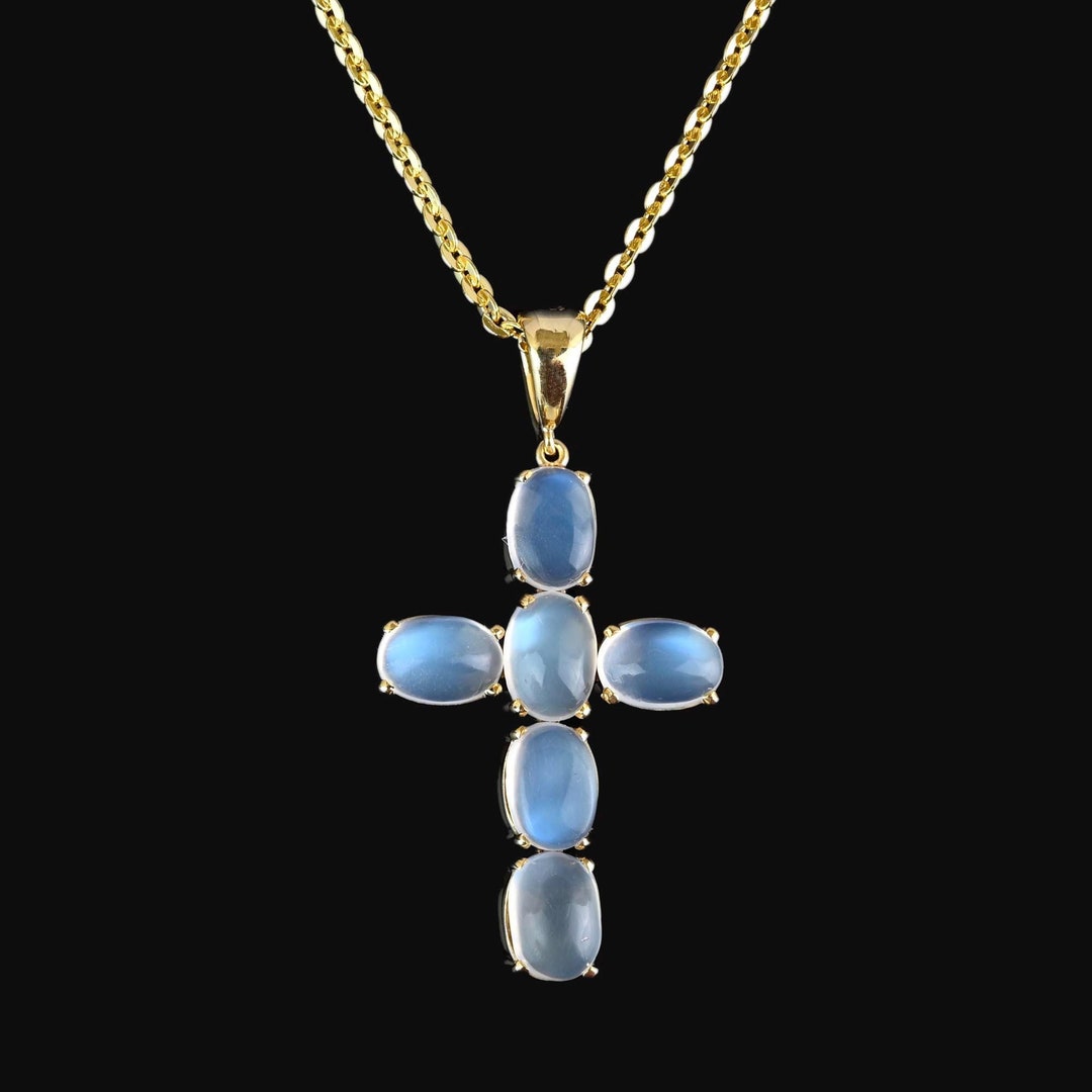 Vintage Moonstone Cross Necklace, 14K Gold Blue Cabochon Gemstones ...