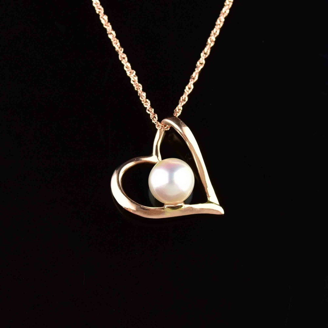 Na Hoku Pearl Pendant Necklace, 14K Rose Gold Open Heart Pearl Drop Necklace, Pearl Heart ...