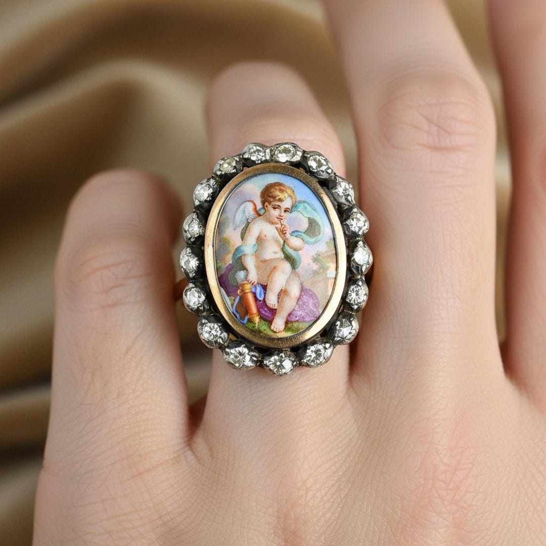 Antique Rose Cut Diamond Halo Cupid Ring, 14K Gold Georgian Jewelry - Etsy