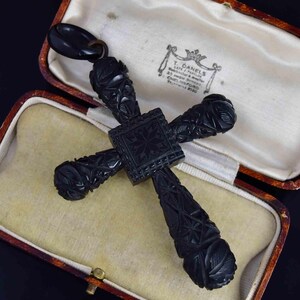 Antique Carved Whitby Jet Cross Necklace, Large Victorian Carved Cross ...