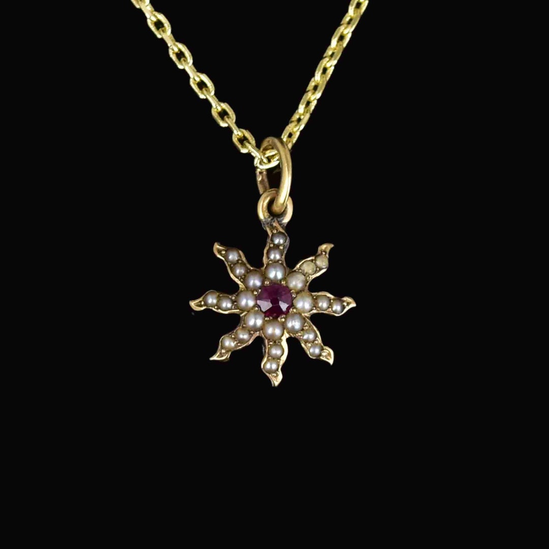 Antique 14K Gold Ruby Starburst Pendant Necklace: Pearl Accent - Etsy