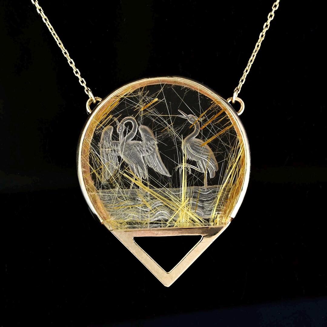 Stork Intaglio Rutilated Quartz Pendant Necklace, 14K Gold Reverse Carved Bird Pendant, Rare One ...