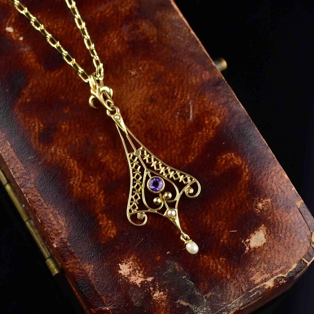 Pearl Amethyst Lavaliere Necklace, 14K Gold Pearl Amethyst Edwardian ...