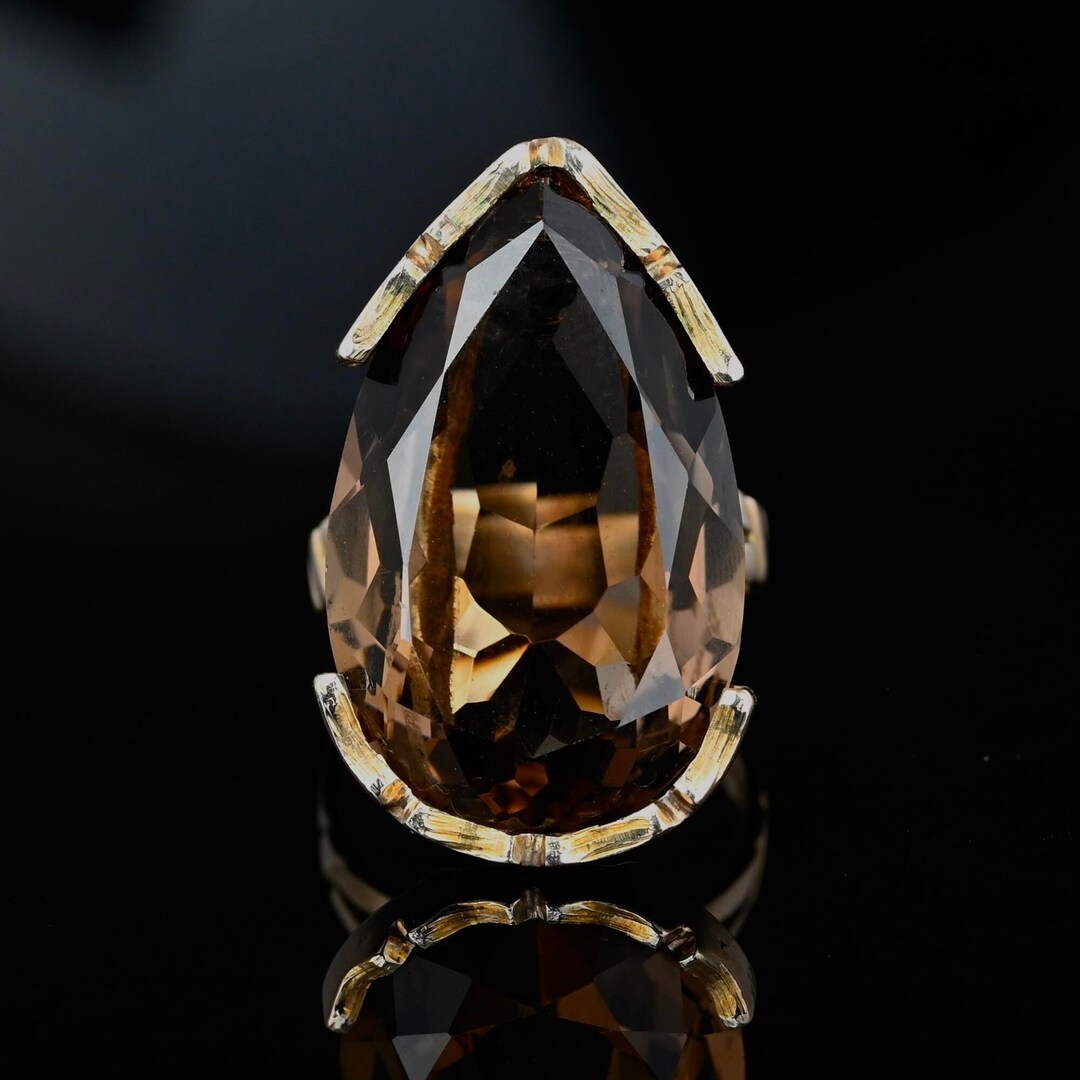 Vintage Smoky Quartz Ring, 14K Gold Topaz Brown 13.5 CTW Quartz Pear ...
