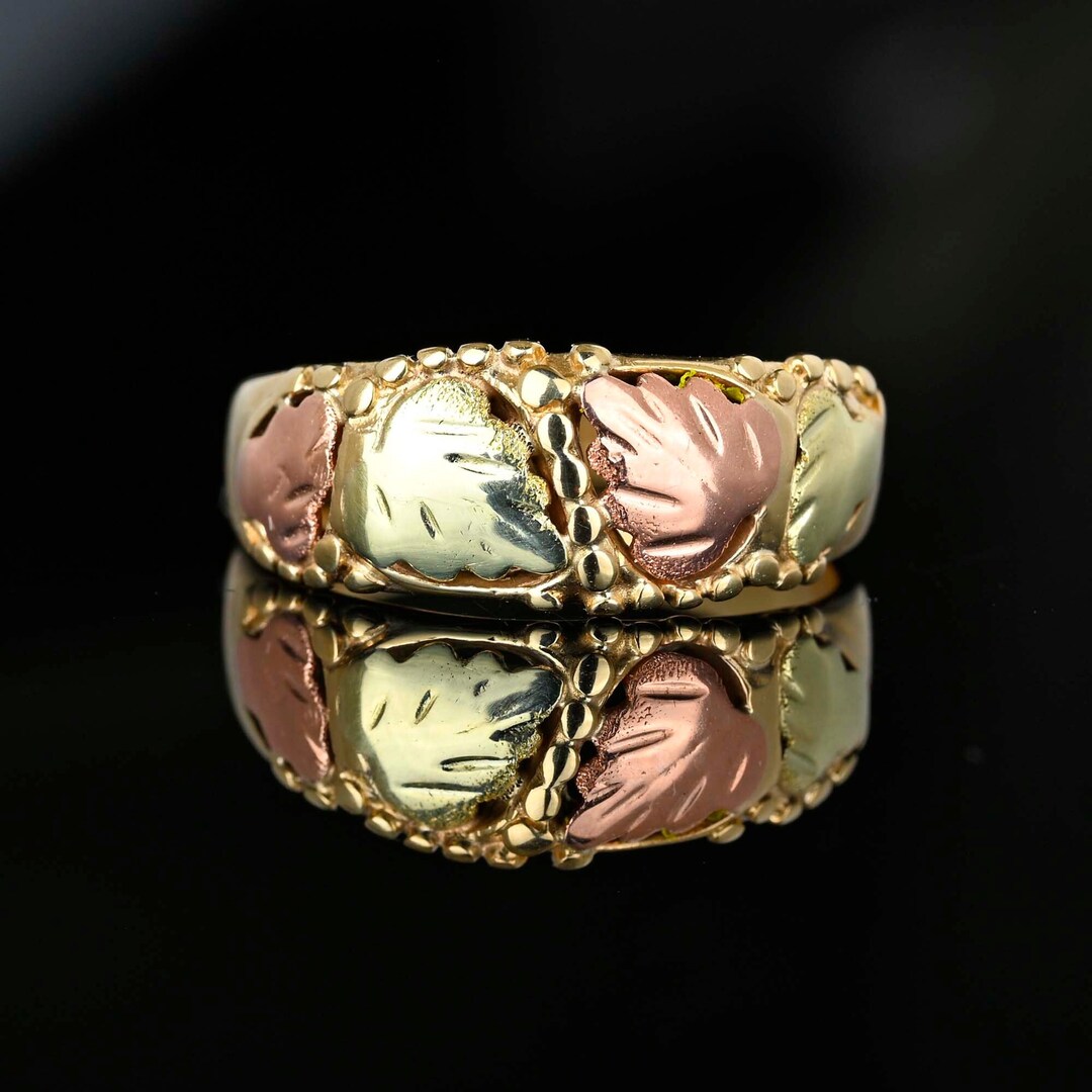 Vintage Wide Leaf Ring Band, 10K Yellow Gold Rose and Green Band Ring ...