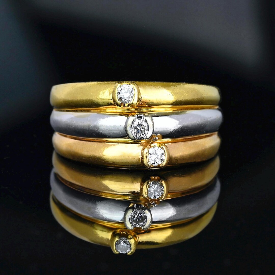Vintage Trinity 18K Gold Diamond Ring, Wide Tri-color Wedding Band ...