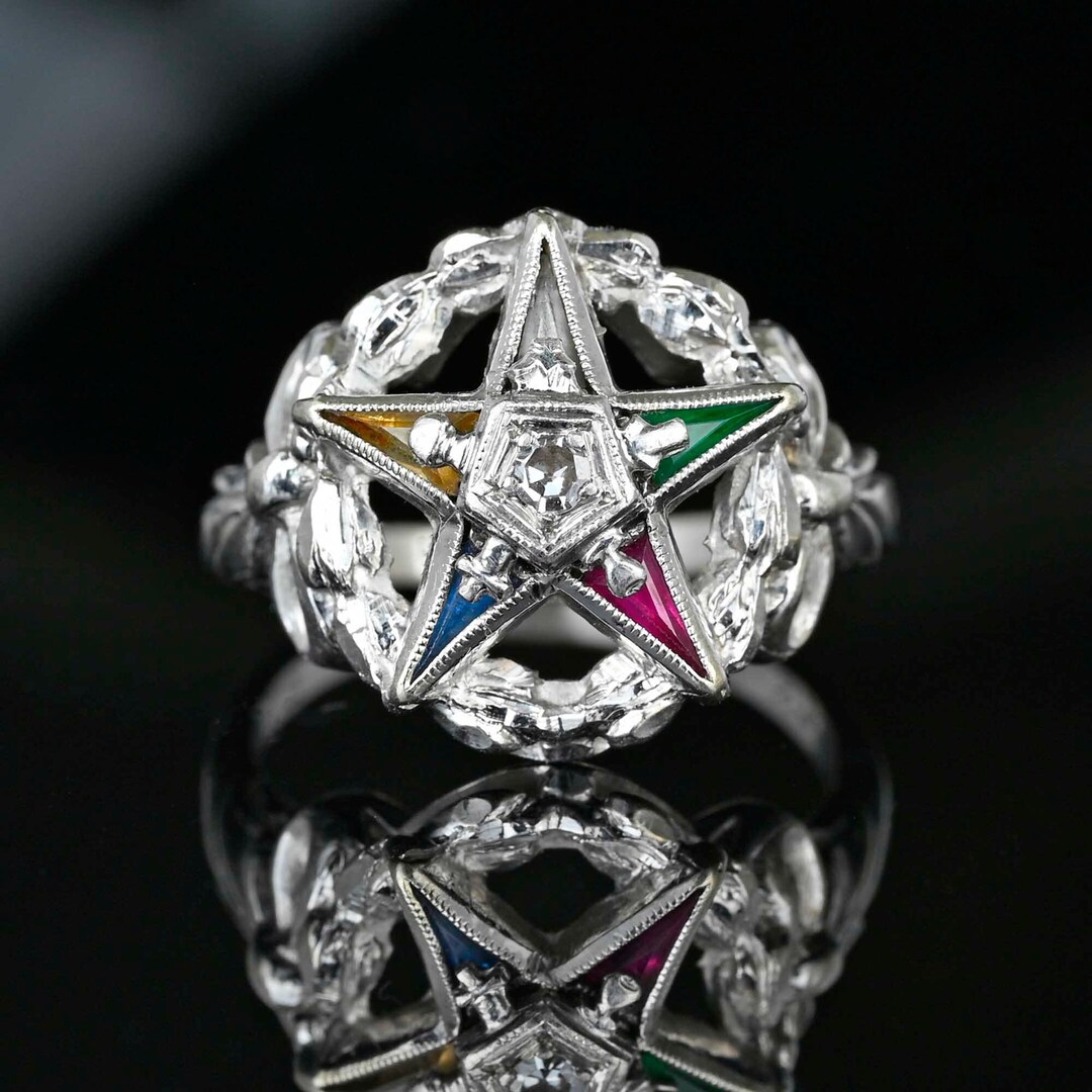 Vintage OES Star Ring, Diamond 10K White Gold Order of the Eastern Star ...