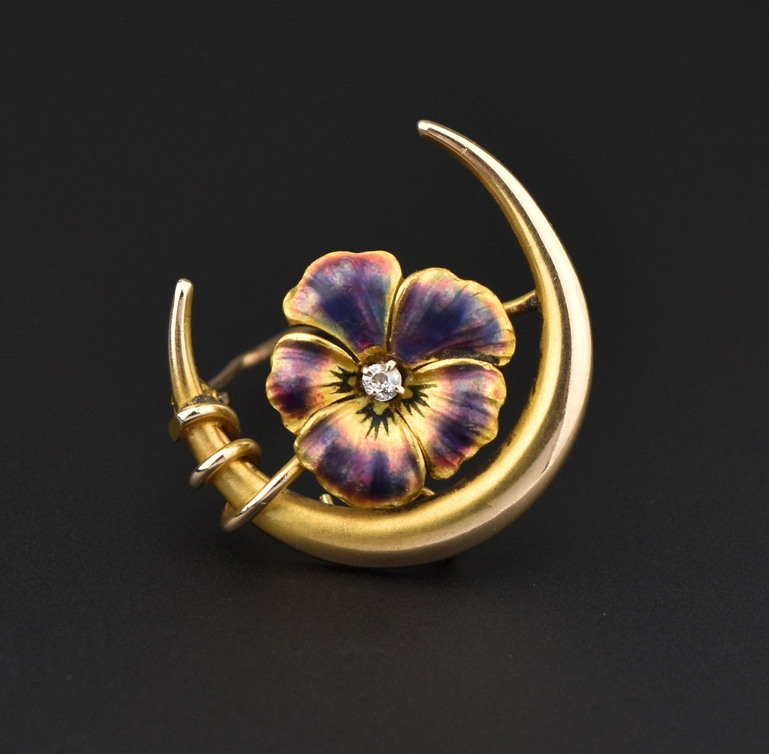Crescent Moon Pansy Brooch Pin, 14K Gold Art Nouveau Diamond Enamel ...