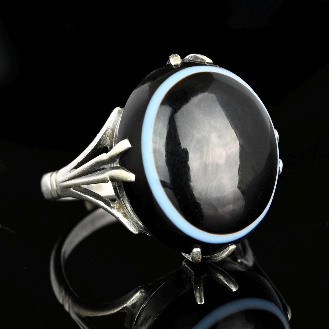 Antique Bullseye Agate Ring, Victorian Silver Black White Banded Agate ...