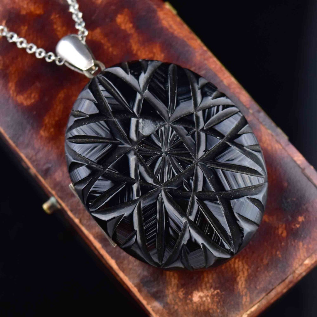 Antique Carved Whitby Jet Locket, Victorian Carved Starburst Double ...