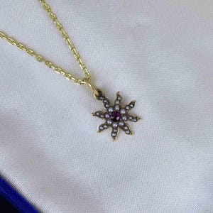 Antique 14K Gold Ruby Starburst Pendant Necklace: Pearl Accent - Etsy