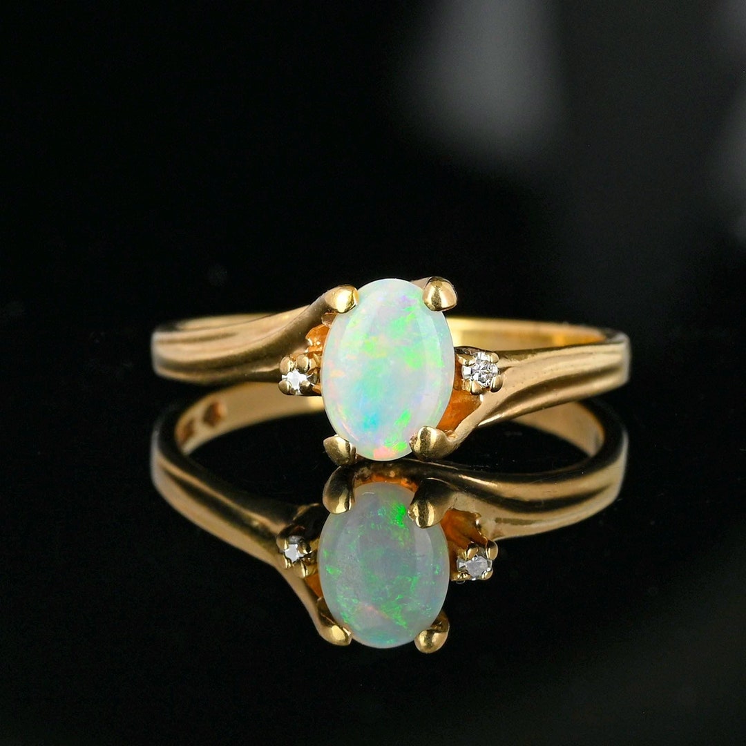 Vintage Diamond Opal Ring, 10K Gold Opal Diamond Ring, Gold Bypass Ring ...
