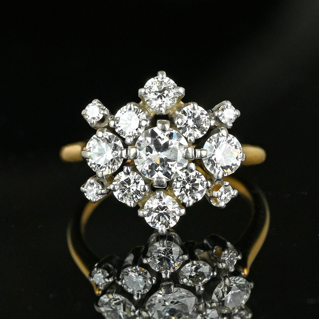 Vintage 18K Gold Diamond Ring, European Cut 1.4 CTW Diamond Cluster ...