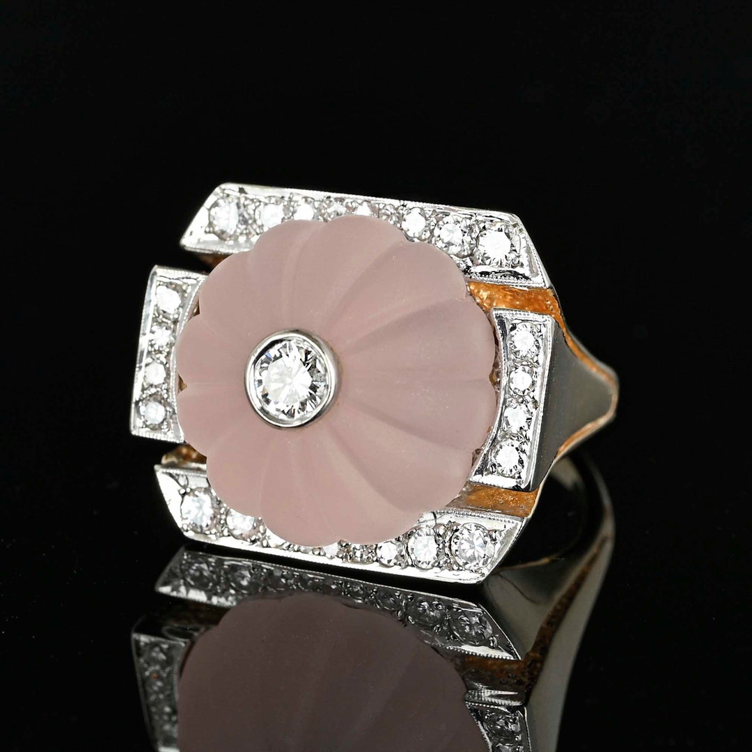 Vintage Diamond Rose Quartz Ring, 14K Gold Cabochon Melon Specialty Cut ...