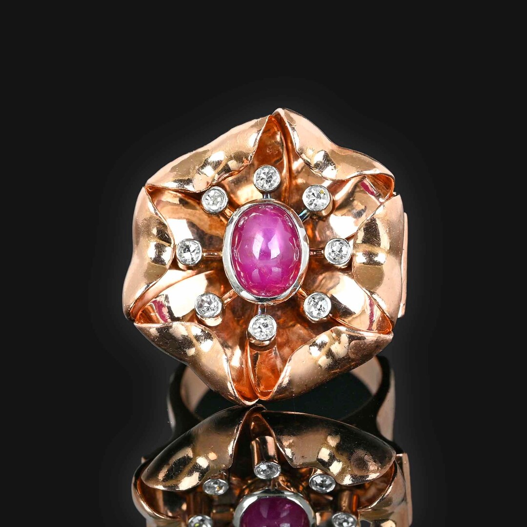 Diamond Ruby Star Sapphire Ring, 14K Rose Gold Natural Ruby Cabochon ...