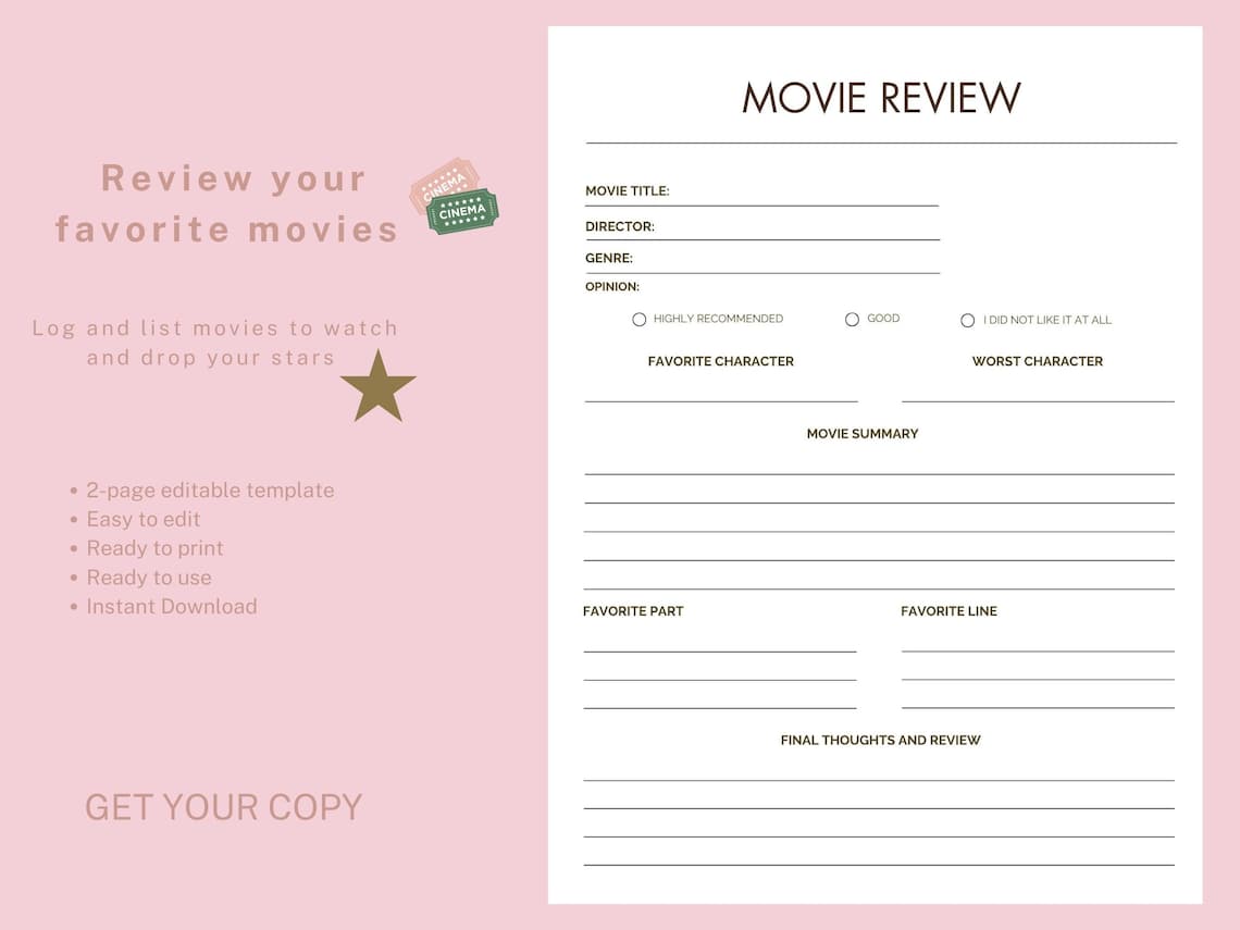 Movie Review, Movie Tracker, Printable Movie Review Template ...