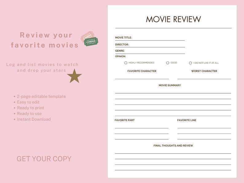 Movie Review, Movie Tracker, Printable Movie Review Template ...