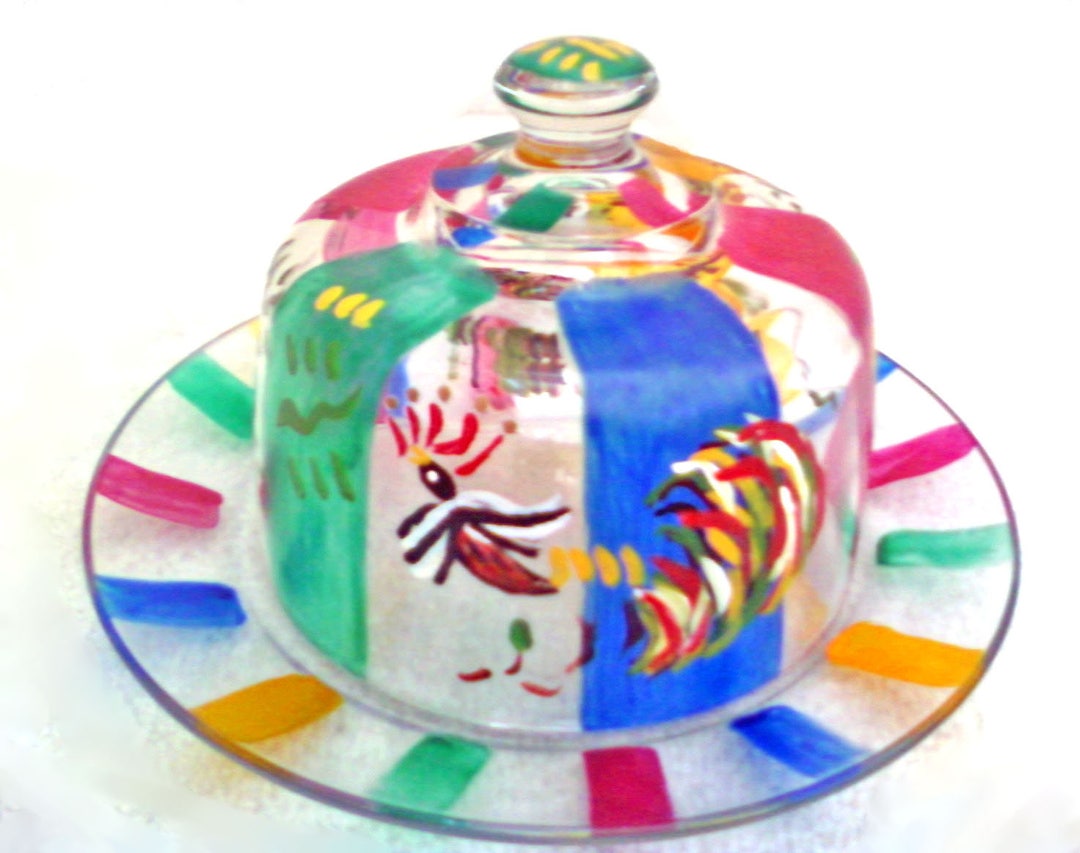 Hand Painted Rooster Cheese Dome and Plate Set - Etsy