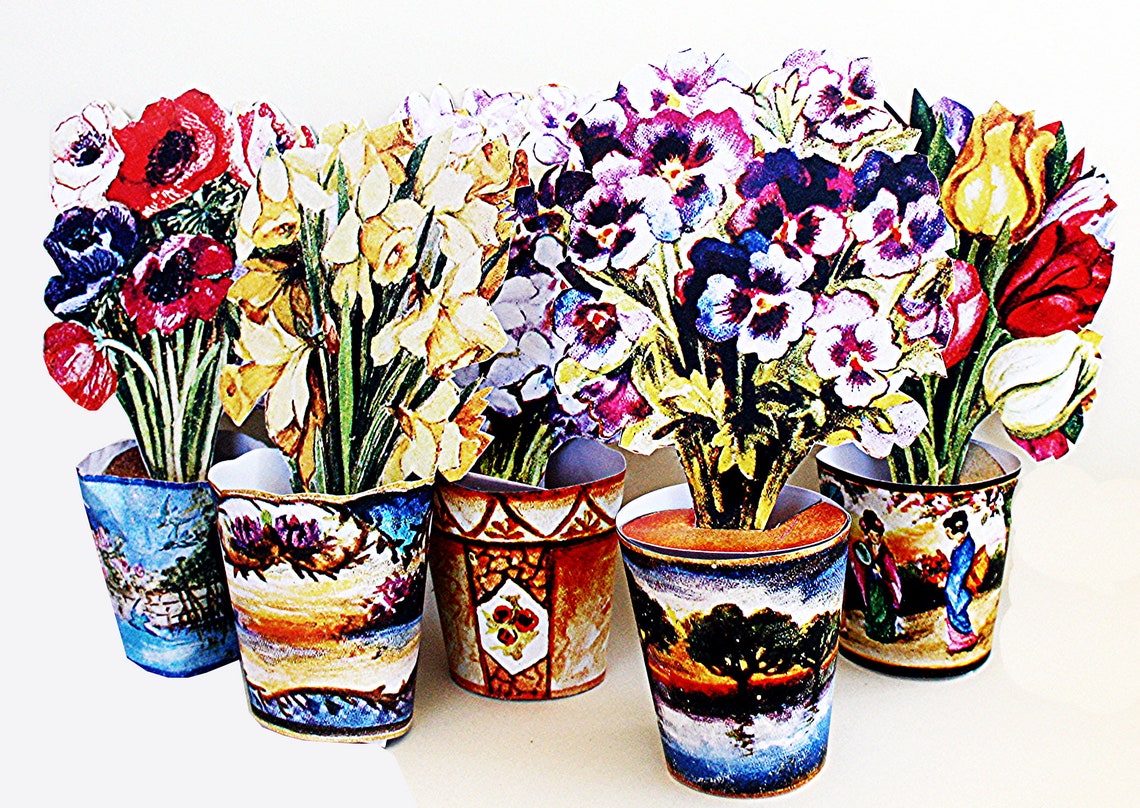 12 Paper Flower Pots - Vintage Paper Craft to Print, Cut and Assemble ...