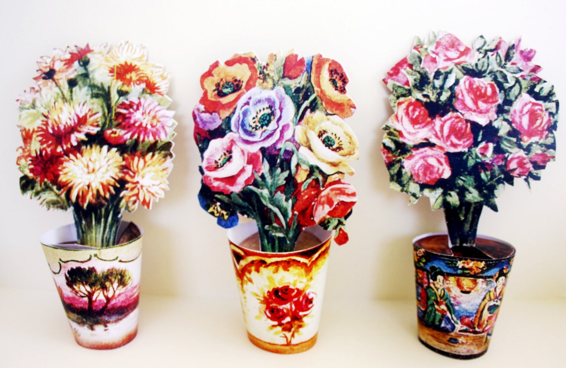 12 Paper Flower Pots - Vintage Paper Craft to Print, Cut and Assemble ...