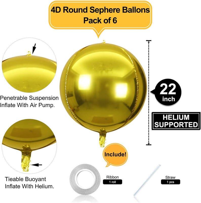 6 Pack Gold Balloons 22" 4D Big Round Foil Balloons Gold Metallic ...