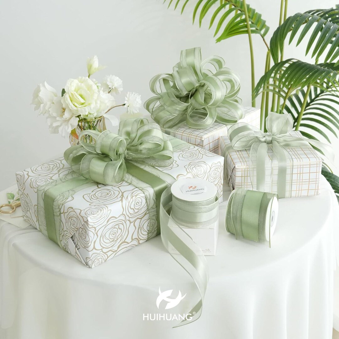 Sage Green Wired Ribbon 1-1/2 Inch Satin Stripe Sheer Wired Ribbon for ...