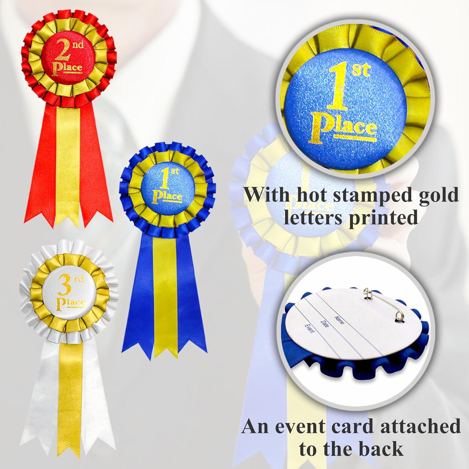 Premium Award Ribbons Blue,red,white - 1st, 2nd, 3rd Place - 1 Set (3 ...