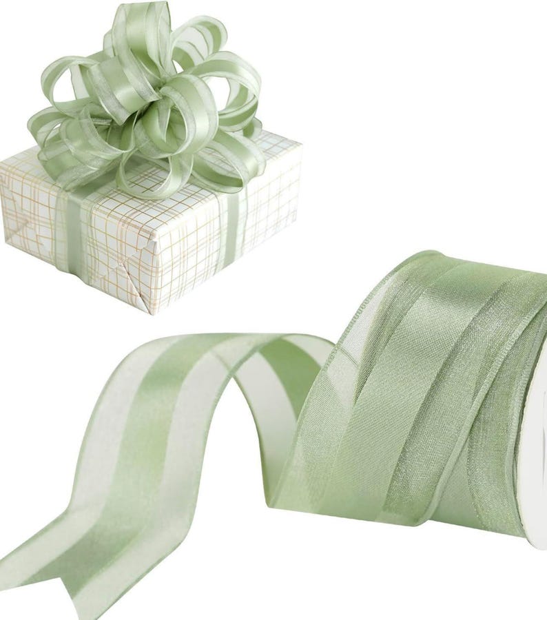 Sage Green Wired Ribbon 1-1/2 Inch Satin Stripe Sheer Wired Ribbon for ...