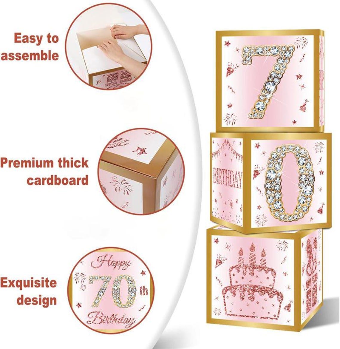 70th Birthday Decorations Box for Women 3PCS Pink Rose Gold Happy 70th ...
