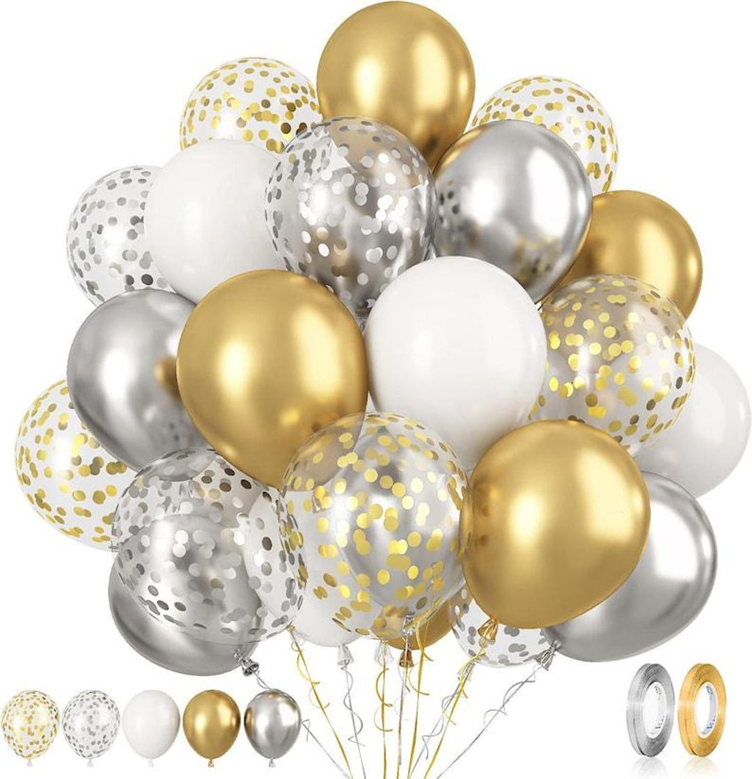 60 Pcs 12 Inch Metallic Gold Silver and White Confetti Balloons for ...