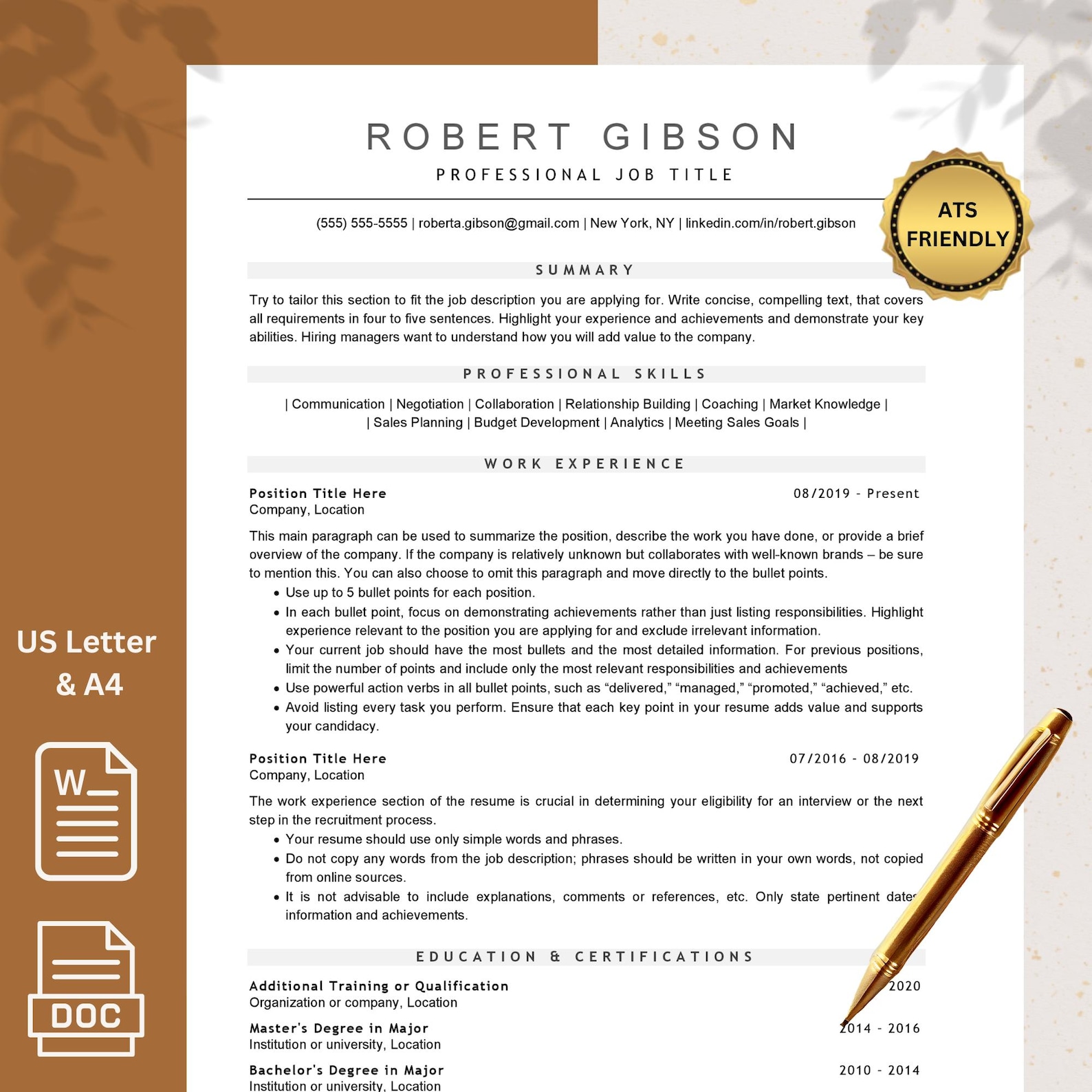 Resume Templates for Men Google Docs & Word • ATS Friendly Modern ...