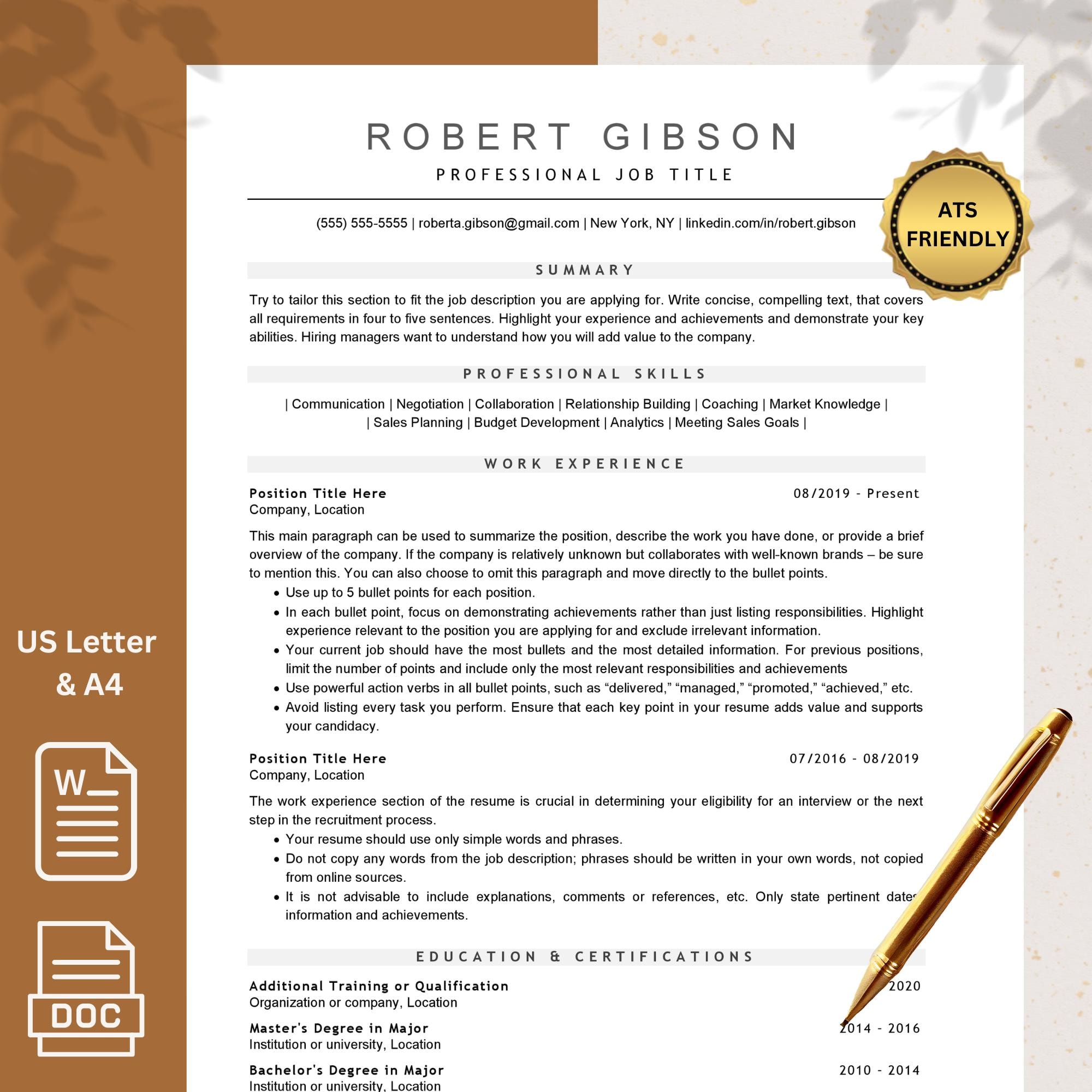 Resume Templates for Men Google Docs & Word • ATS Friendly Modern ...