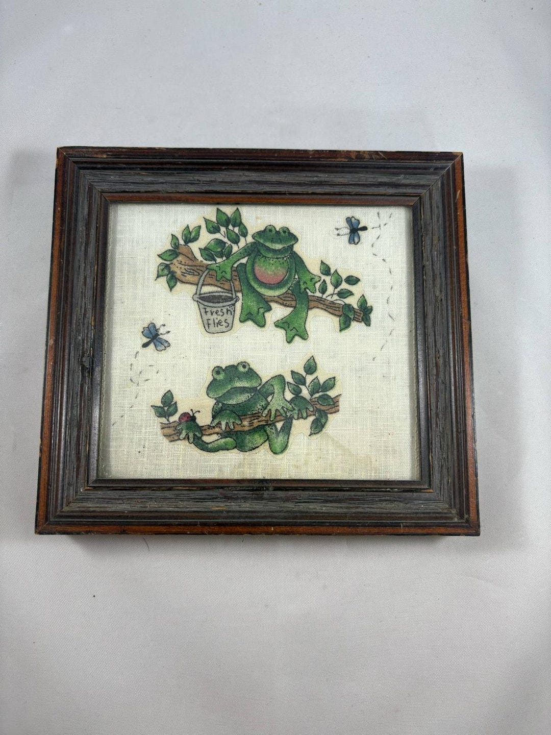 Vtg Framed Material Pic of 2 Frogs on Branches Catching Fresh Flies ...
