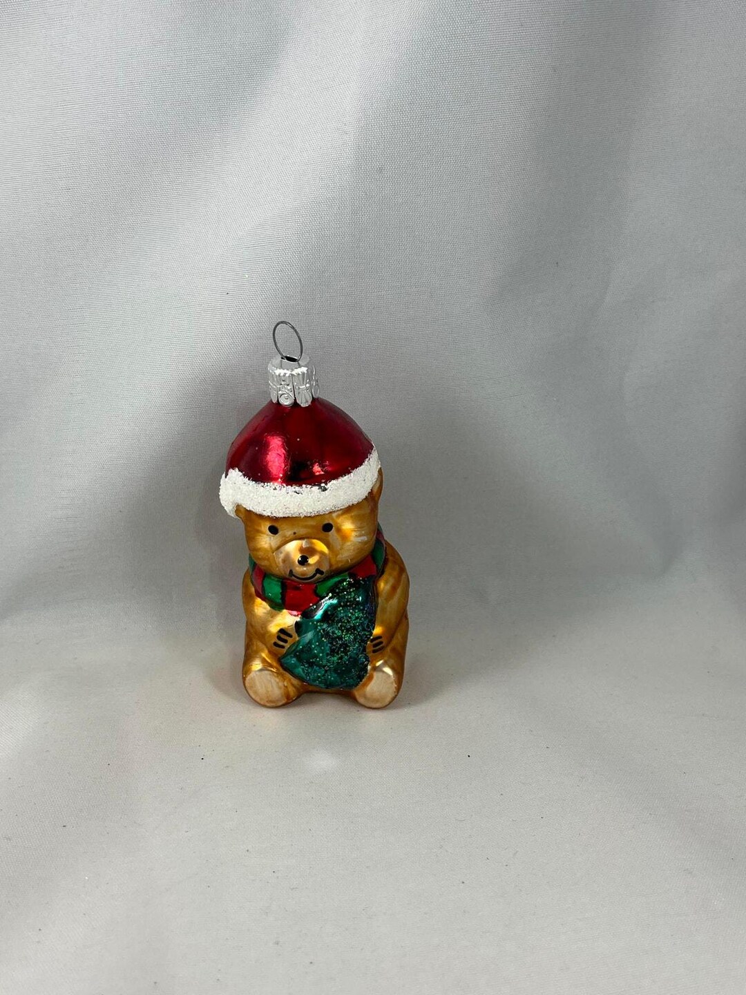 Vtg Sparkly Teddy Bear W/green Tree Glitter Red Hat Blown Glass ...