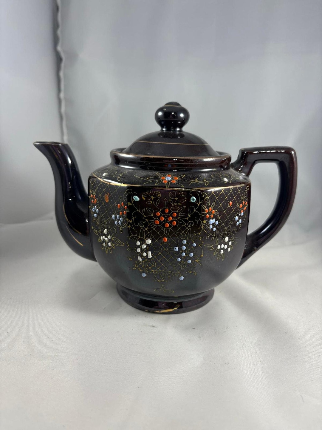 1940s Japanese Redware Moriage Brown Hand Painted Enamel Floral Design ...