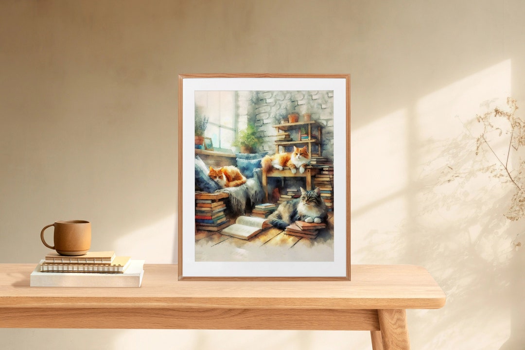 Cozy Cats in Book Nook Digital Download Cute Cat Art Print Feline ...