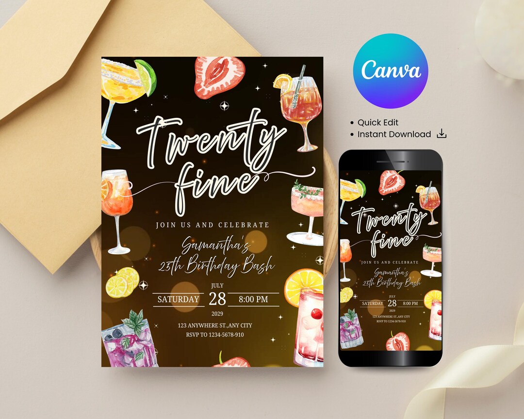 Editable 25th Birthday Invitation Template Twenty Fine Birthday Evite ...