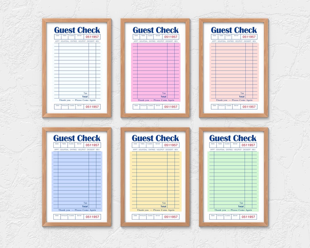 Colored Blank Guest Check Print PNG Bundle of 6 Aesthetic Preppy Prints ...