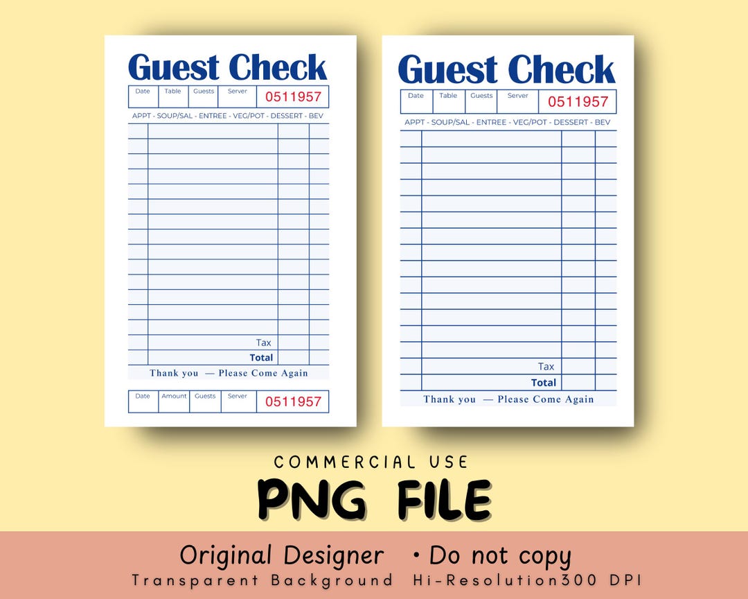 Guest Check Print PNG, Guest Check Blank Png, Restaurant Guest Check ...