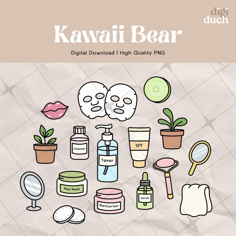 Kawaii Korean Bear Self-care Clipart Bundle, Cute Spa Day Bear PNG ...