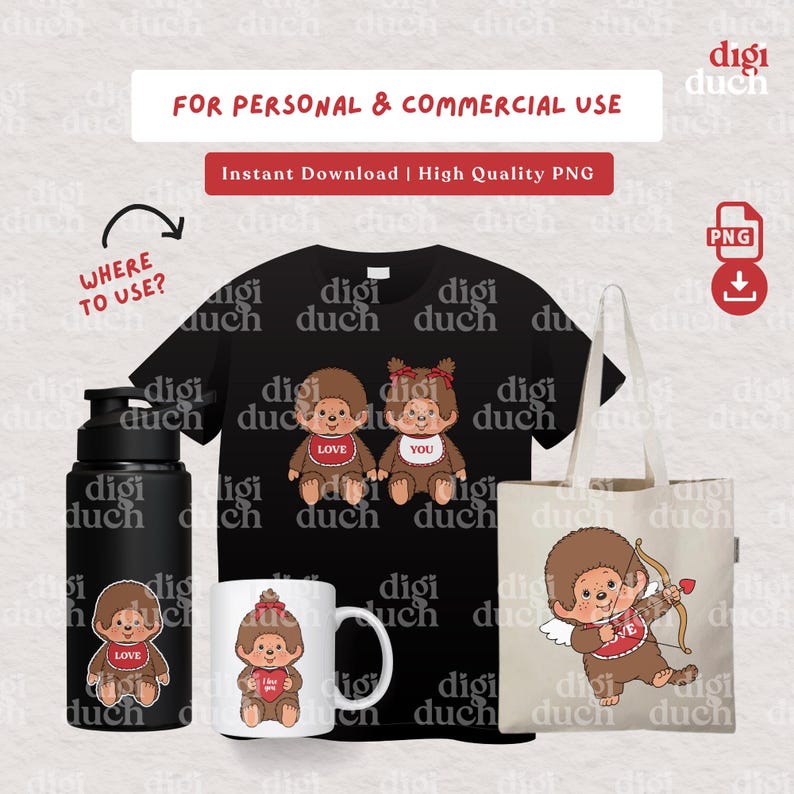 Monchii Valentine PNG Bundle, Cute Baby Monkey Clipart, Trendy Doll ...